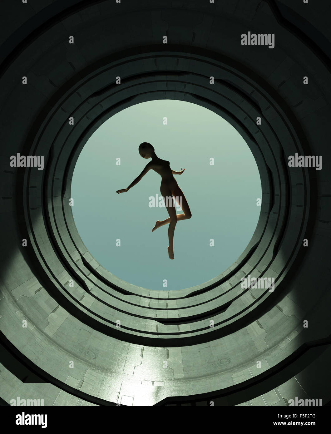 Girl floating above the open wall of modern block,Fantasy scifi 3d ...