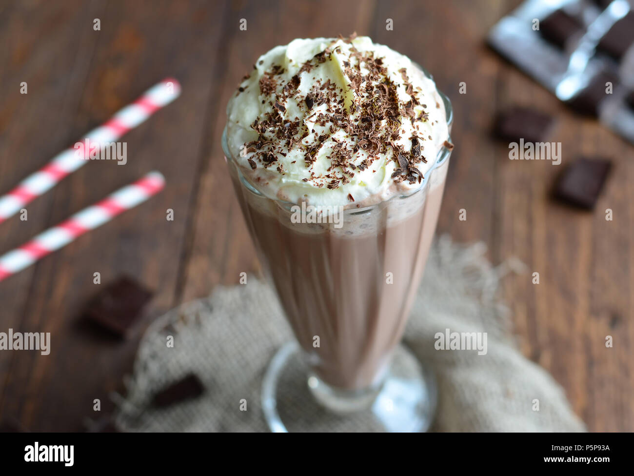 Chocolate Milkshake on wooden background, Tasty Dairy Drink Stock Photo ...