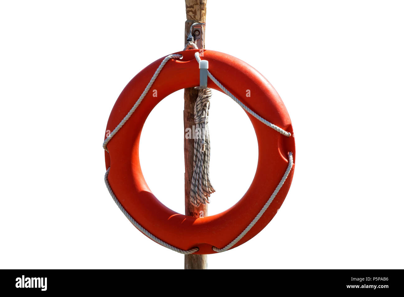 On a wooden pole mounted lifeline with rope, close-up, white background ...