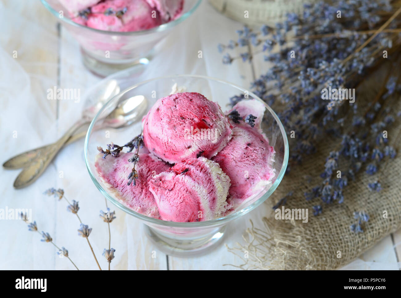 Lavender and Black Currant Ice-Cream on white background Stock Photo ...