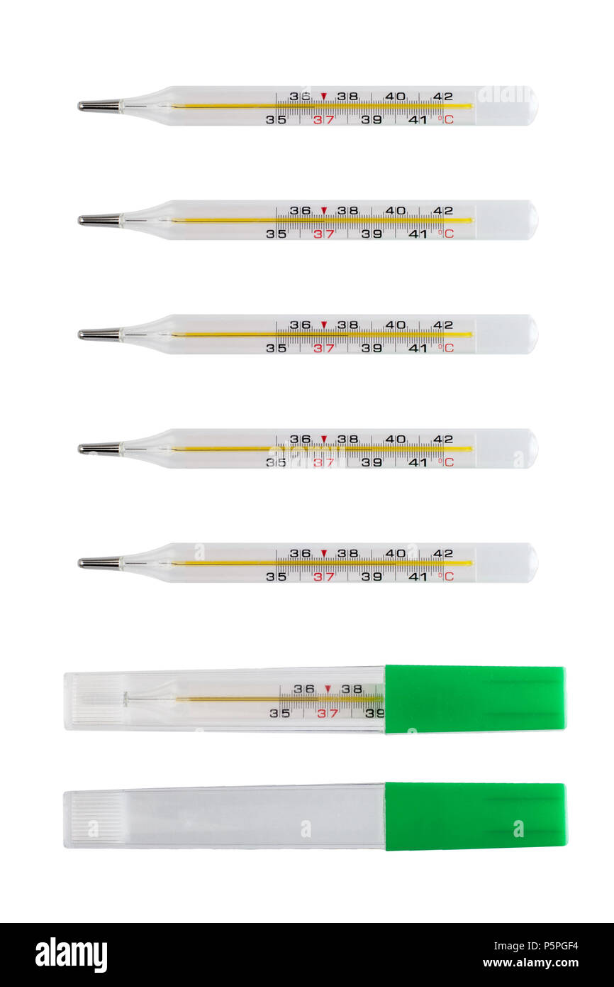 Set Of Mercury Medical Thermometers With Normal And High Temperature Of