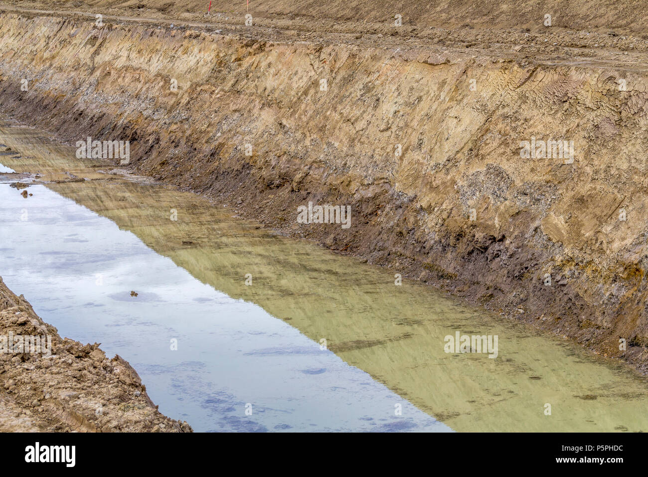 construction site including a big trench with lots of earth and loam ...