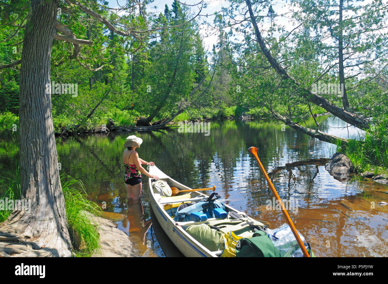 A Canoer preparing to head in the Boundary Waters Canoe area Stock ...