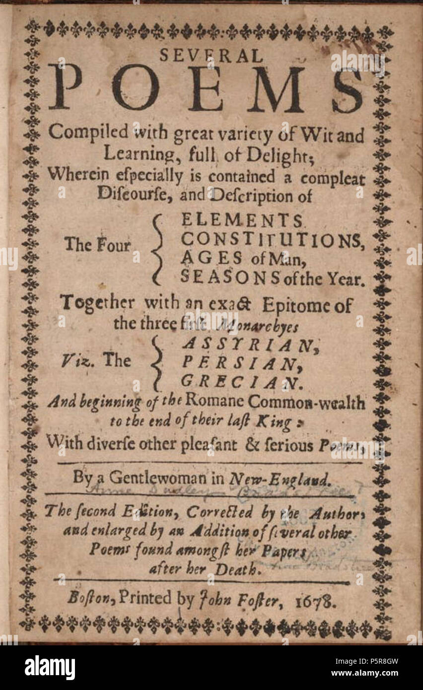 N/A. Second edition title page of Anne Bradstreet's poems . 1678. John ...