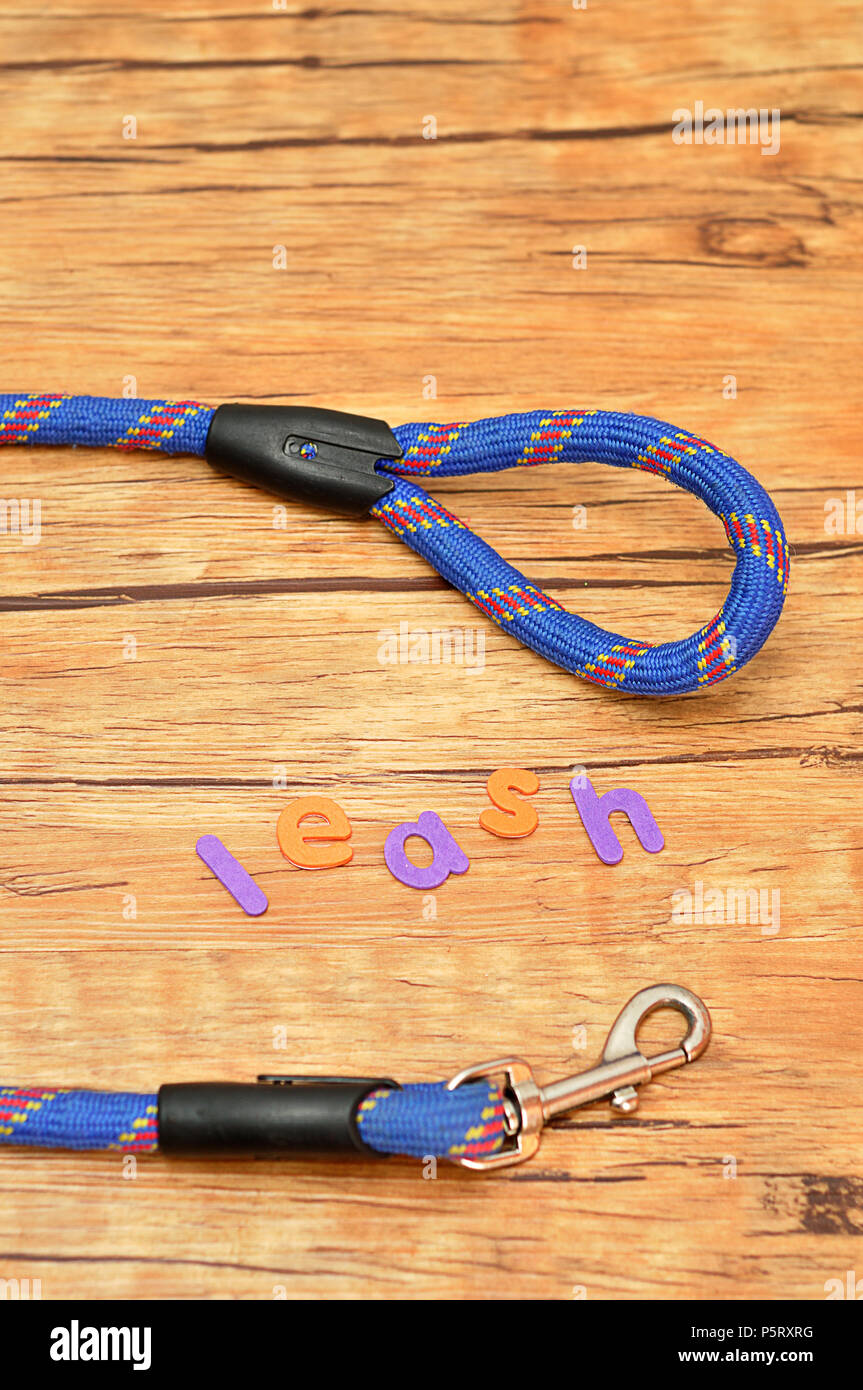 A blue leash for a dog with the word leash Stock Photo - Alamy