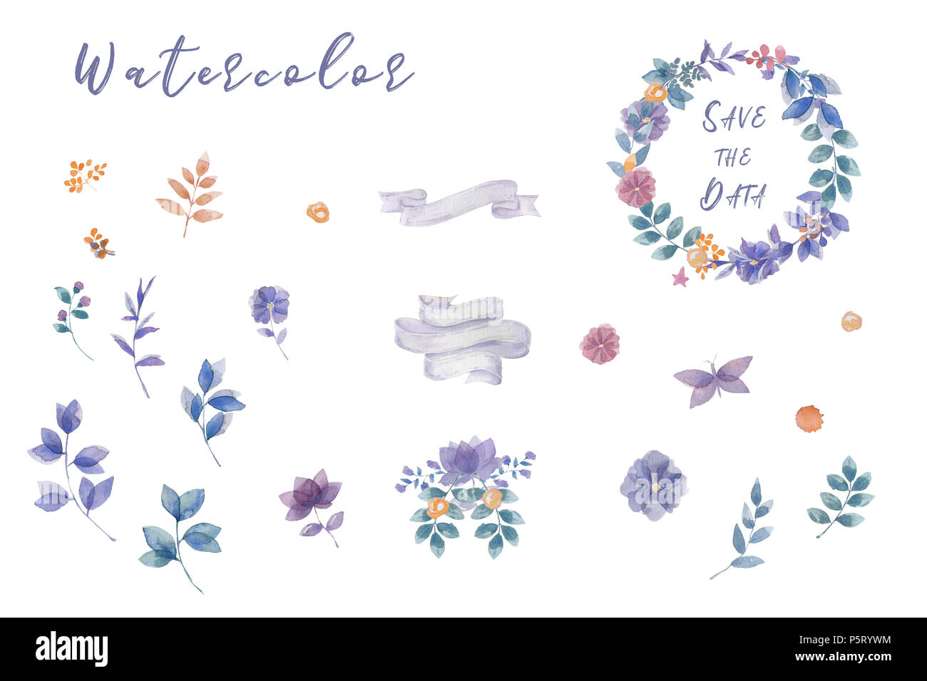 Indigo watercolor flowers bouquet, ready frames floral set painting ...