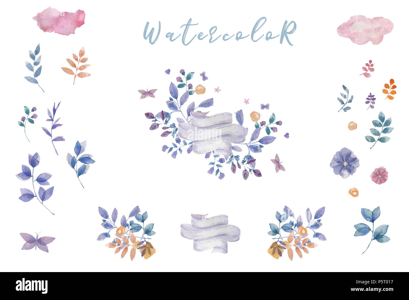 Indigo watercolor flowers bouquet, ready frames floral set painting ...