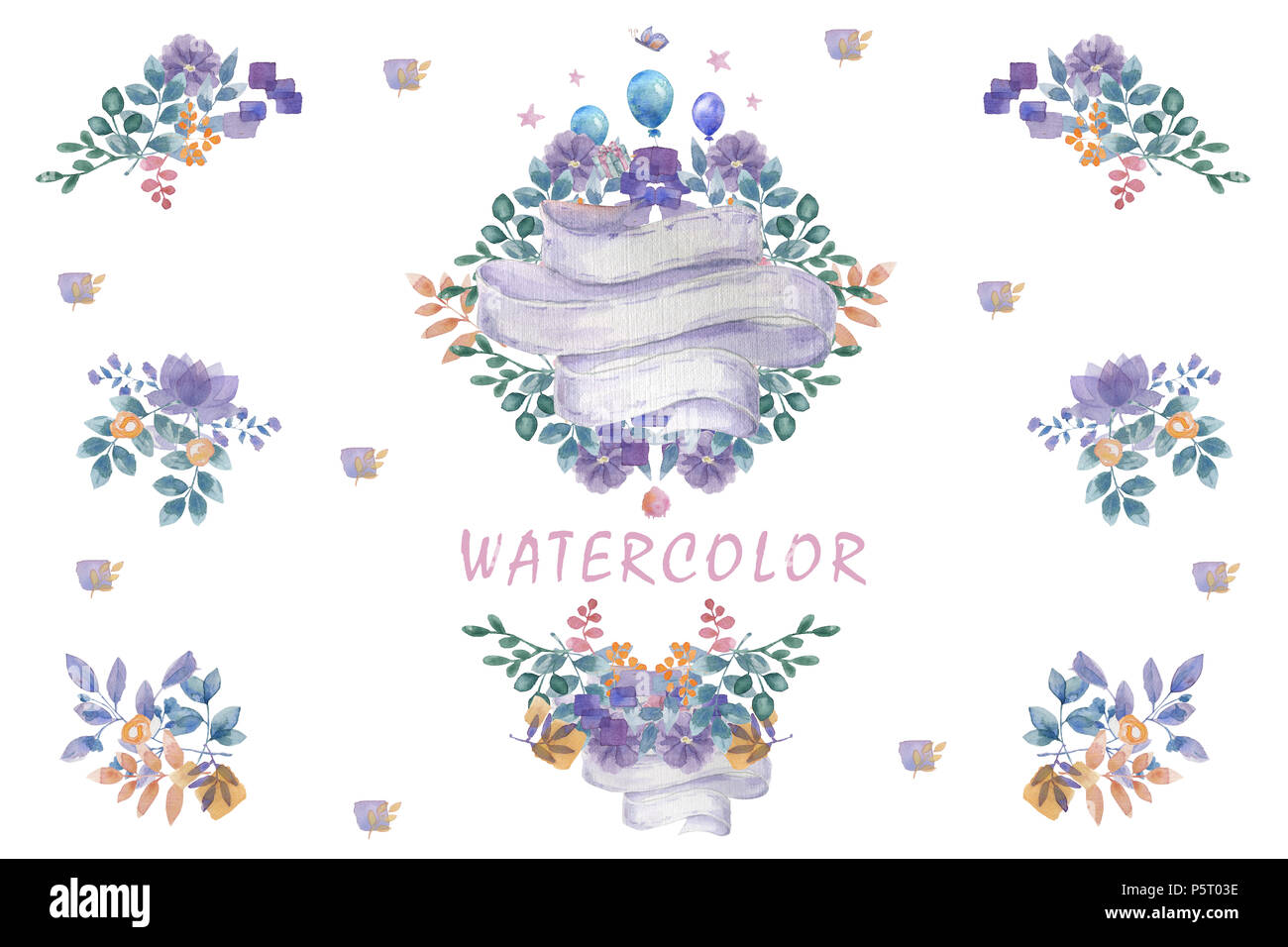 Indigo watercolor flowers bouquet, ready frames floral set painting ...