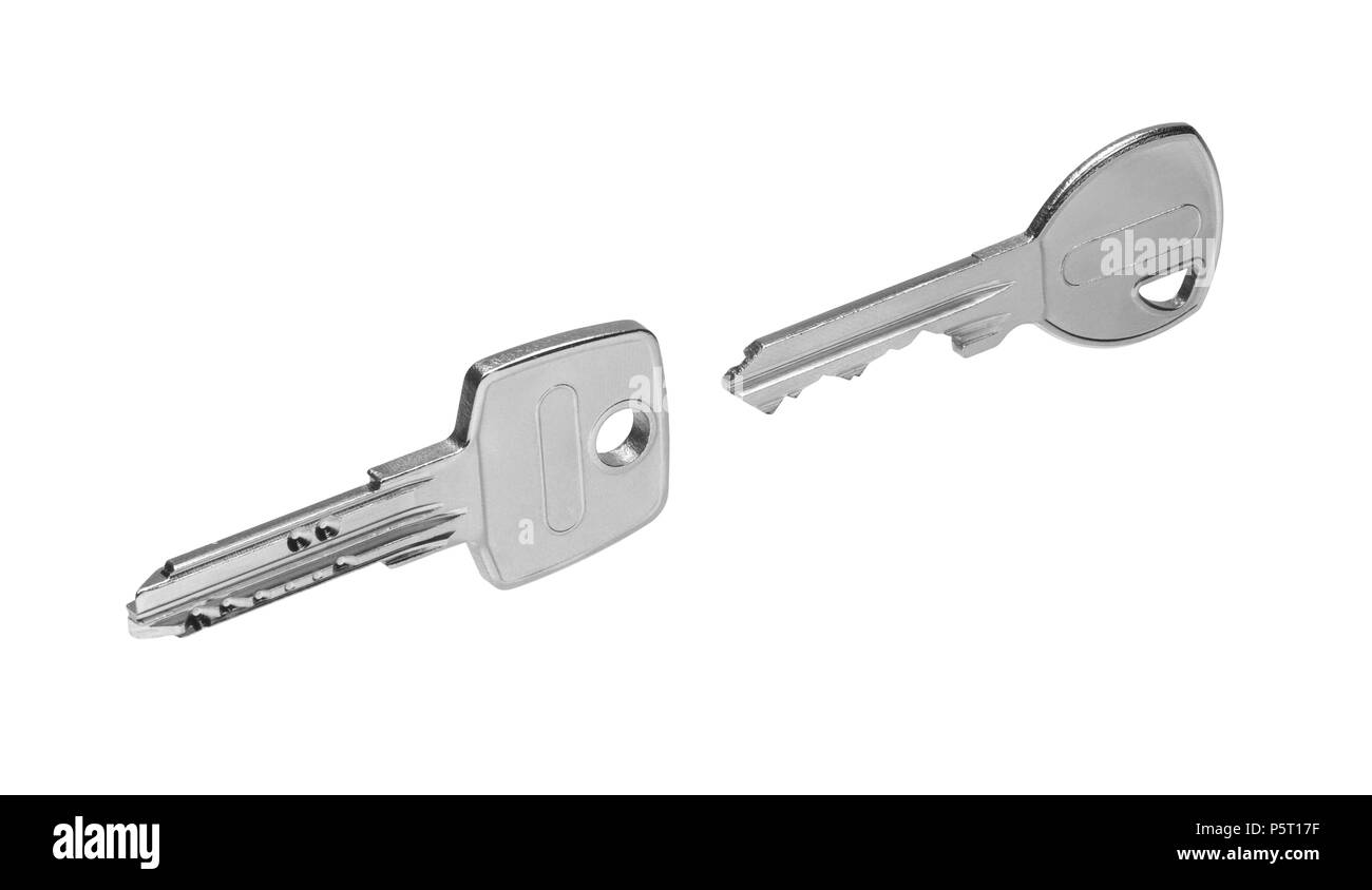 two modern metallic keys isolated in white back Stock Photo - Alamy