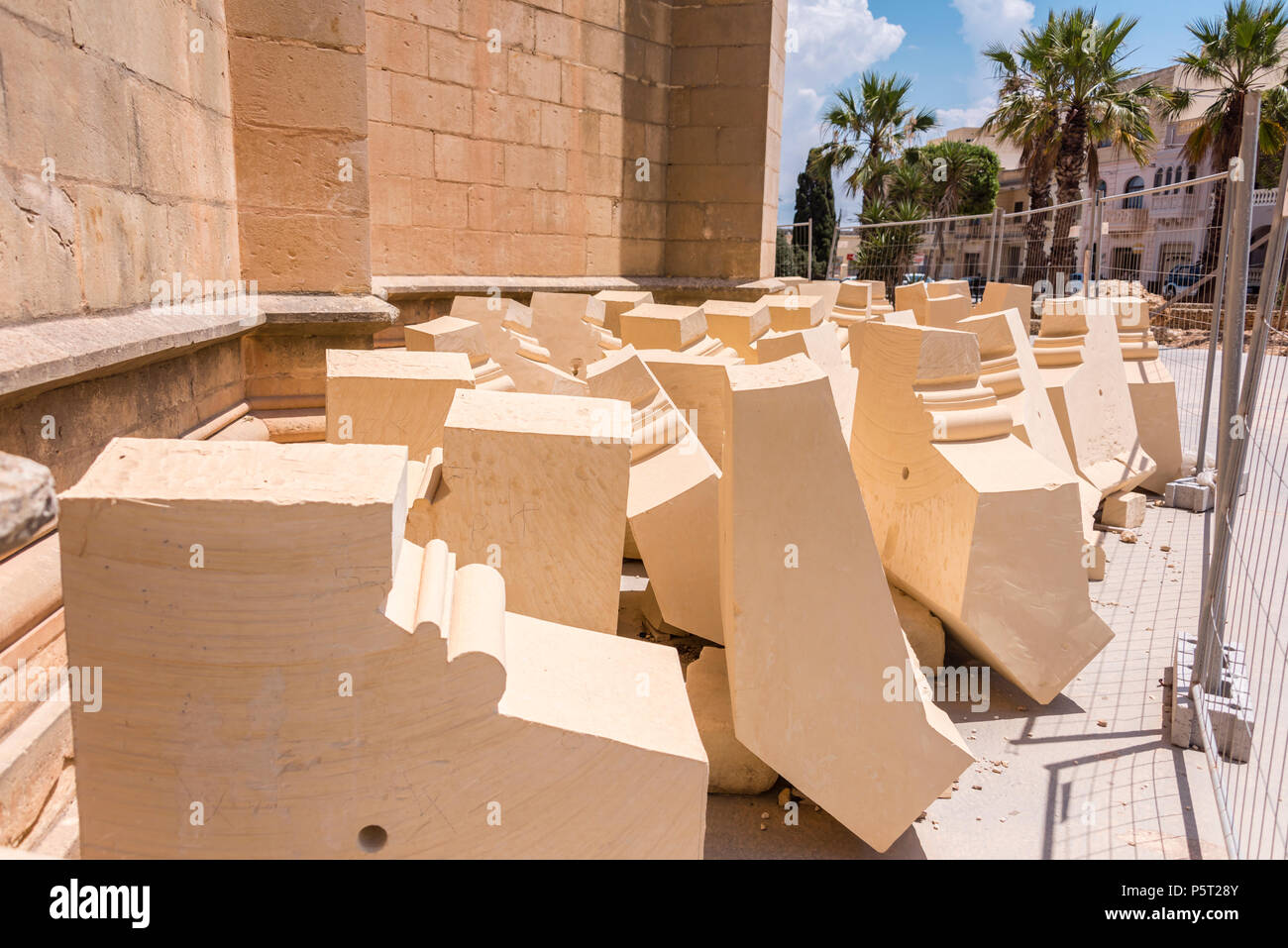 Carved sandstone blocks outside a church cathedral undergoing ...