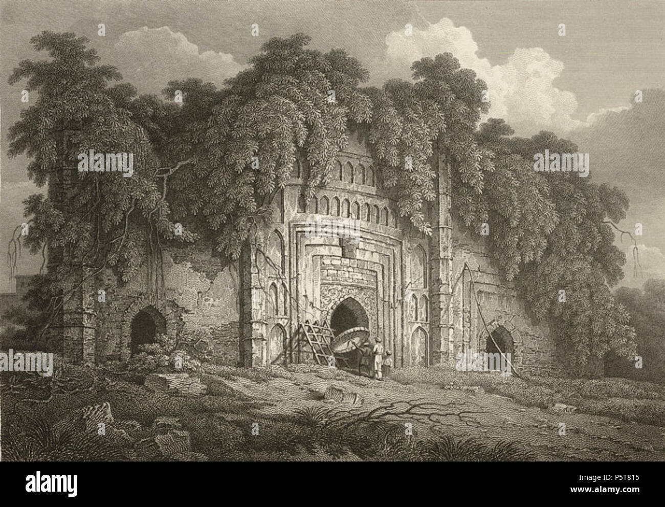 N/A. Mosque of Syuff Khan, Dacca; an etching by Sir Charles D'Oyly ...