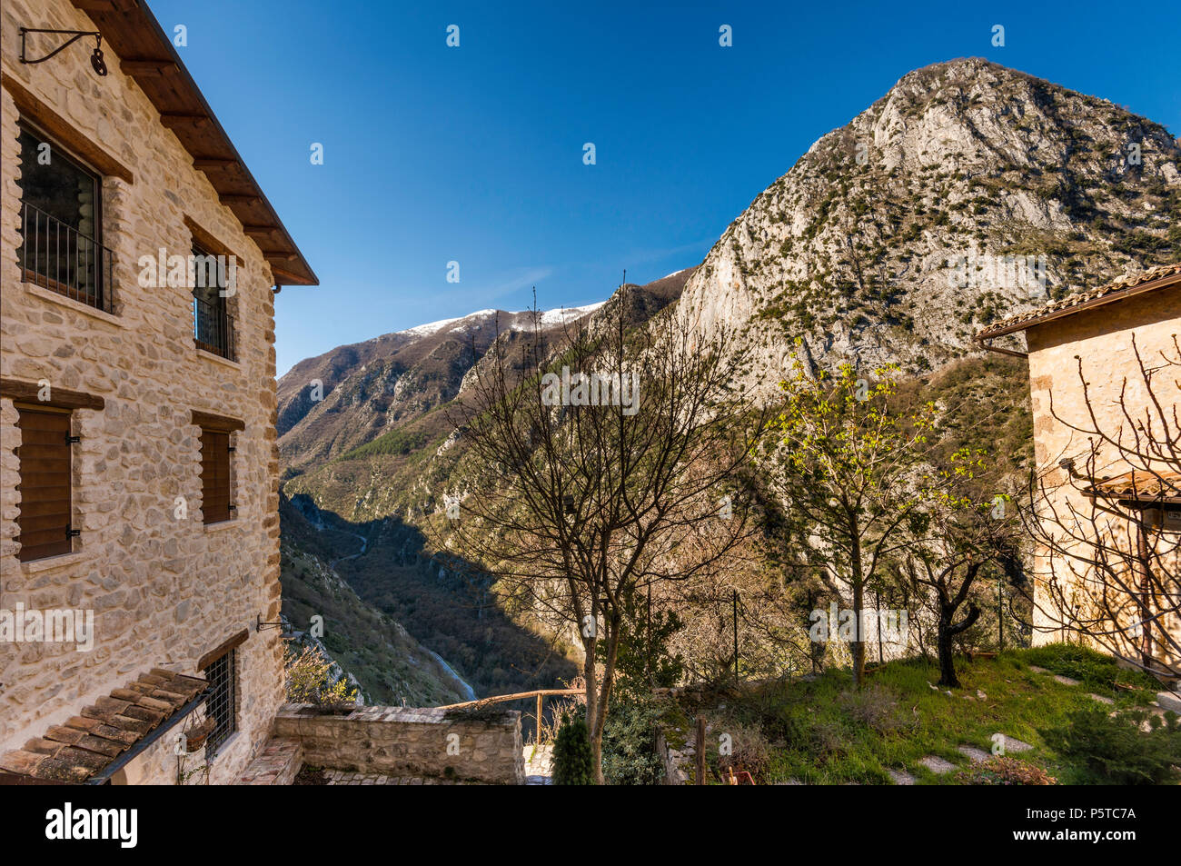 Sagittario Gorges, view from hill town of Castrovalva in Abruzzi Massif ...