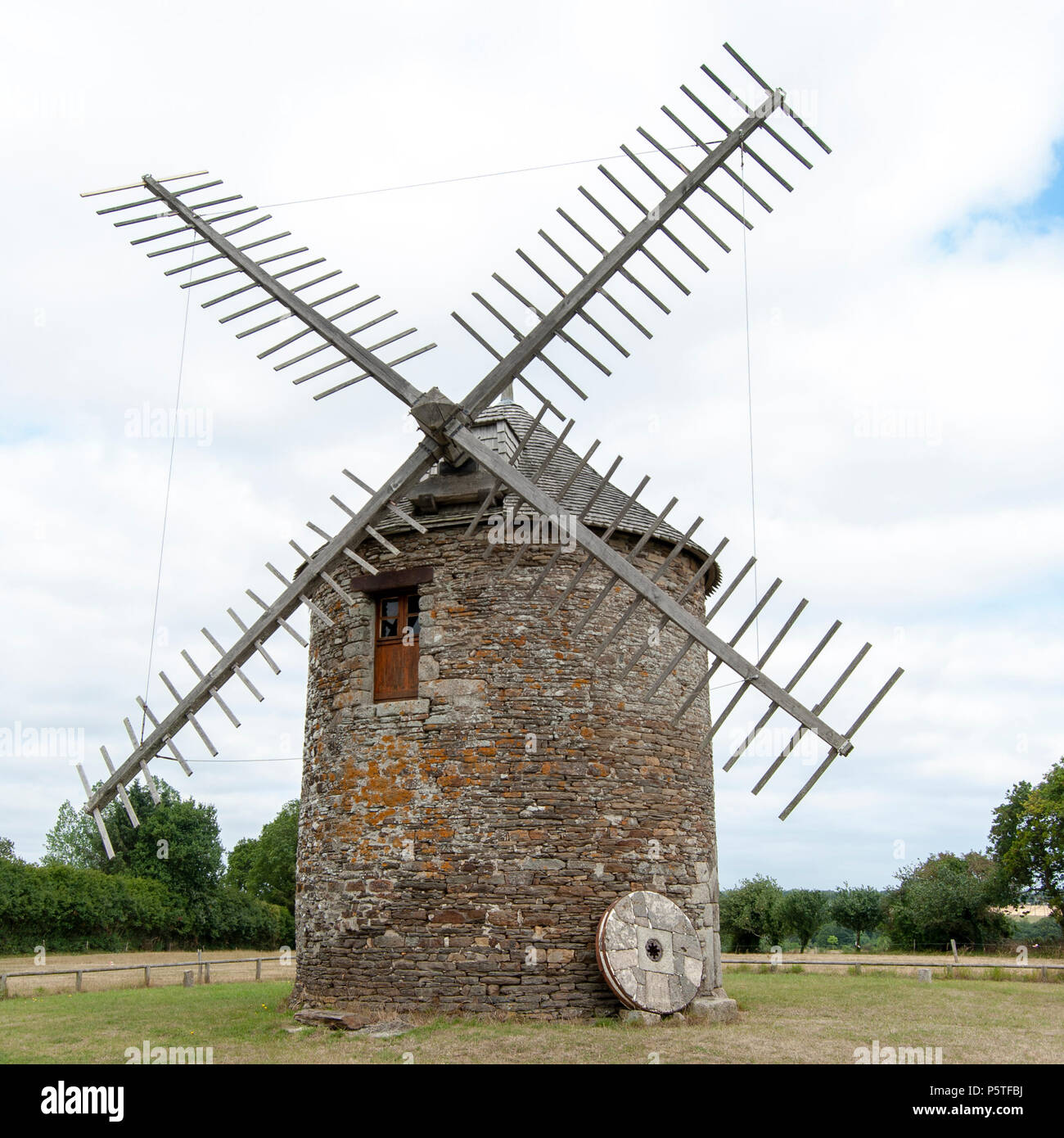 Breton medieval stone build wind mill with grind stone, near Pont Aven ...
