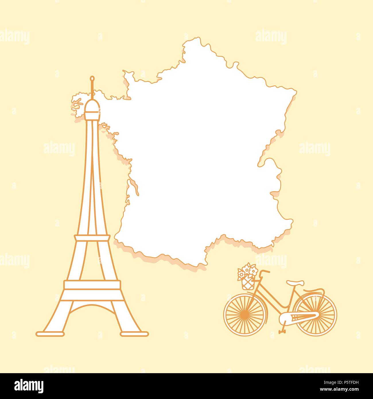 Map of France, famous tower of Paris, bicycle with a basket of flowers ...