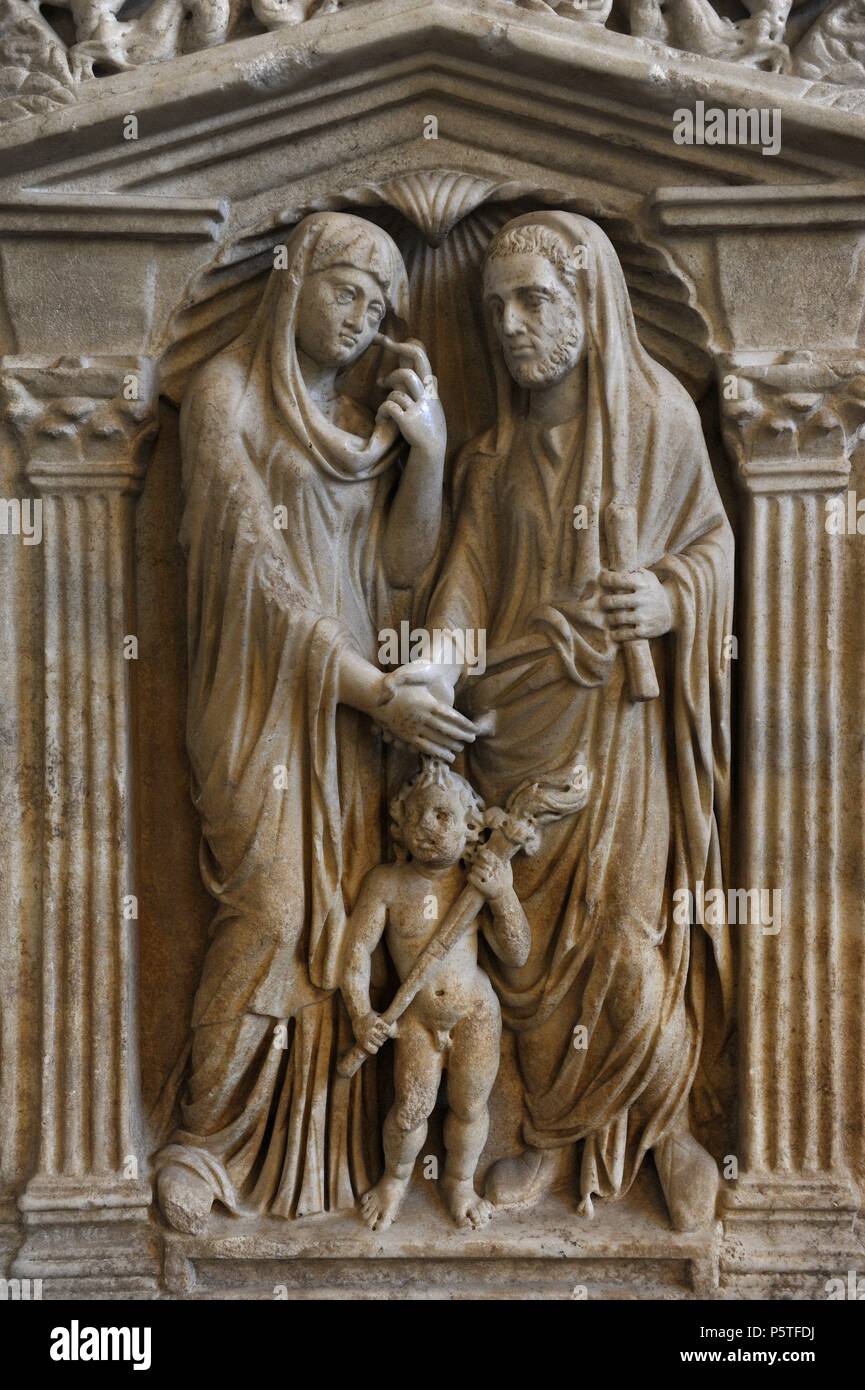 Roman art. Sarcophagus of a married couple. About 240 AD. The couple ...