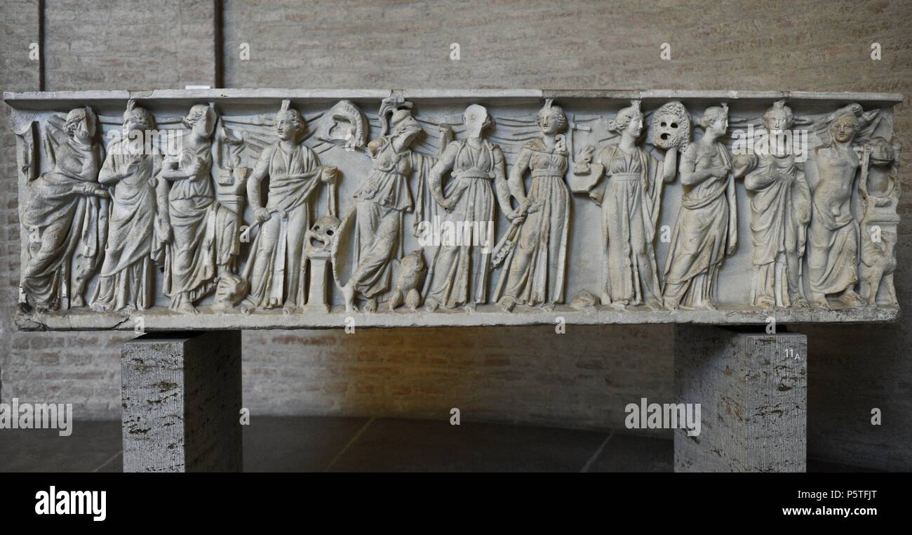 Roman sarcophagus. About 180 AD. Goddess Athena, God Apollo and the ...