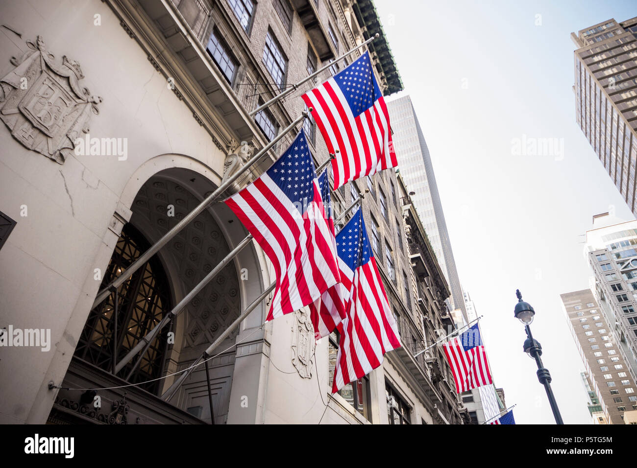 New York City, United States. Multiple American flags waving from the ...