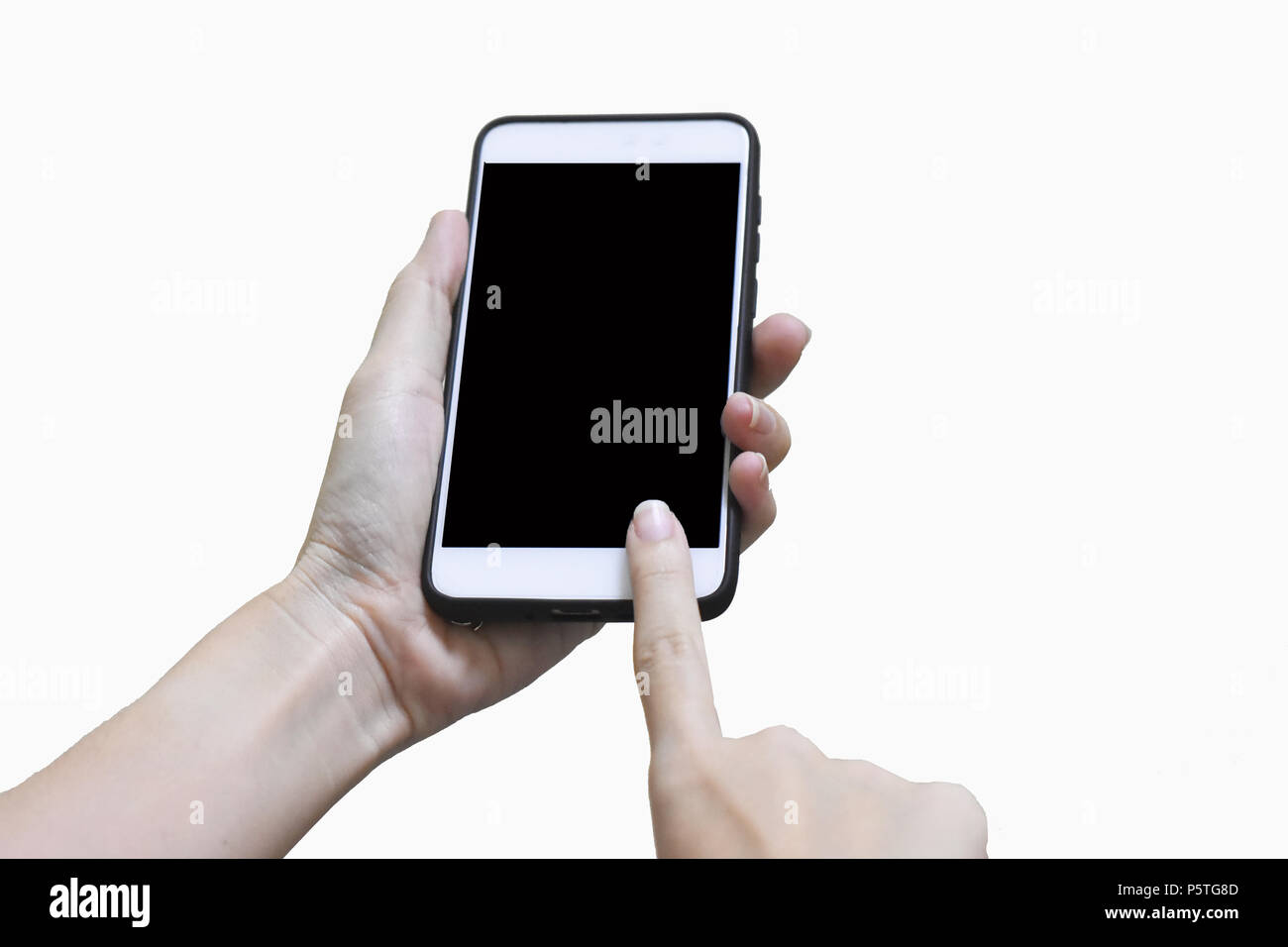 Hand holding smartphone and hand touching on screen Stock Photo - Alamy