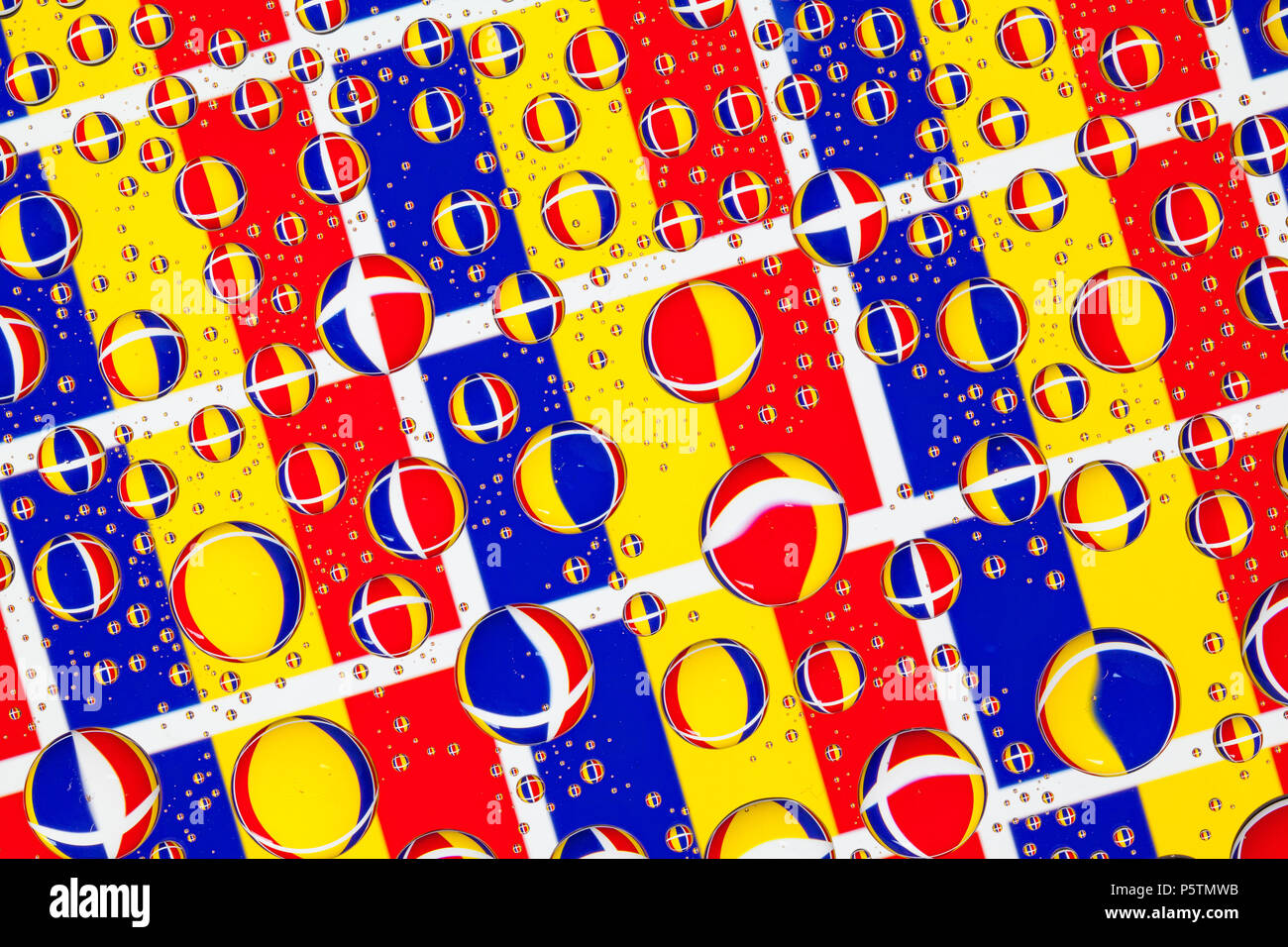 Flags of Romania, behind a glass covered with rain drops.Pattern from ...