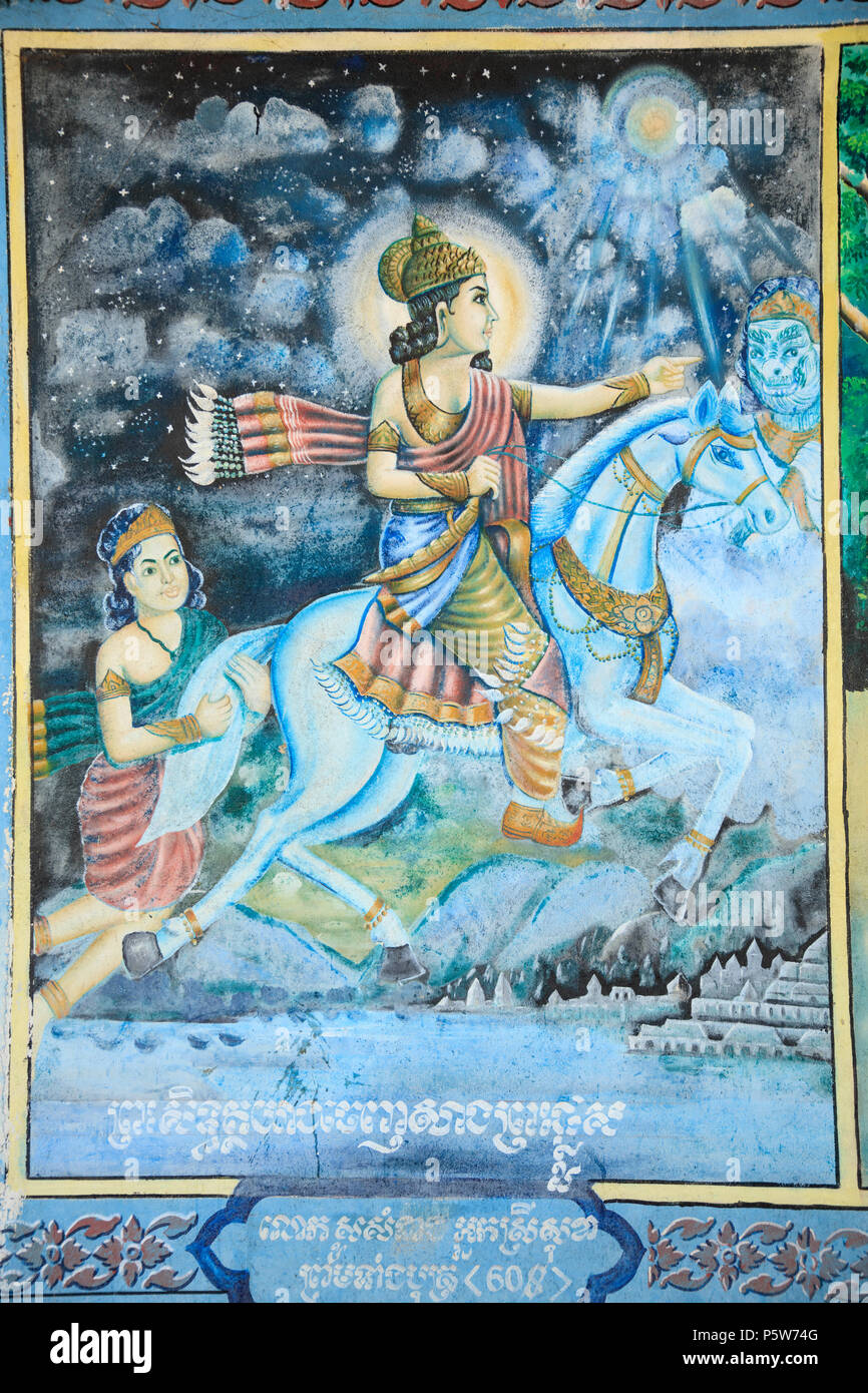 Buddhist painted murals at Chisor mountain temple in Cambodia showing ...