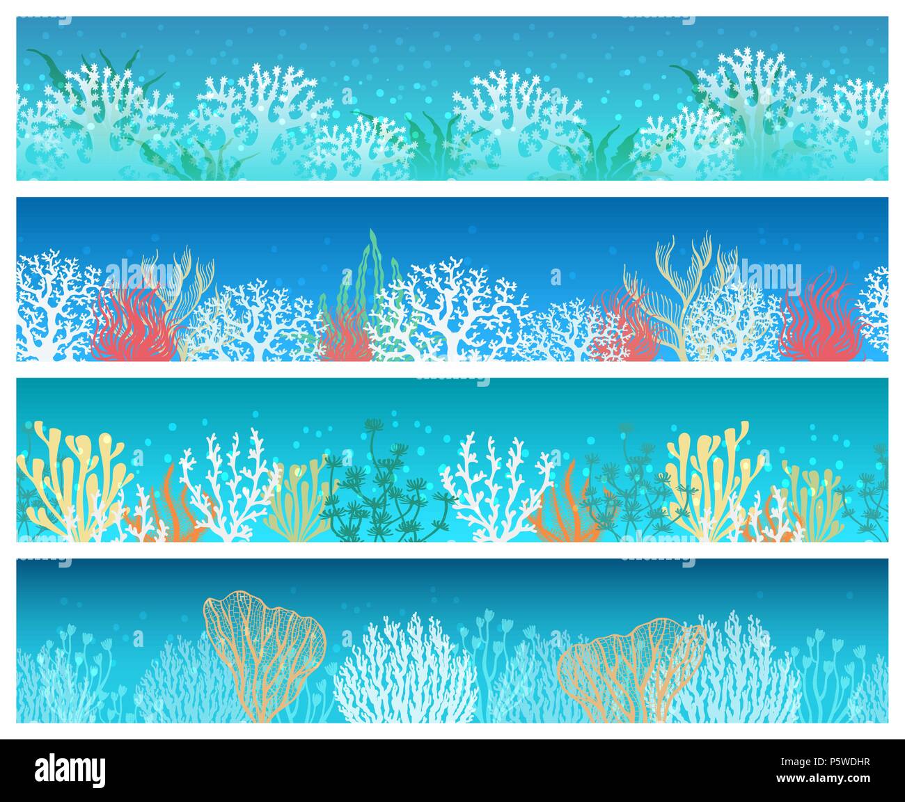 Seaweed banners. Seaweeds and corals banner set, ocean or deep sea ...