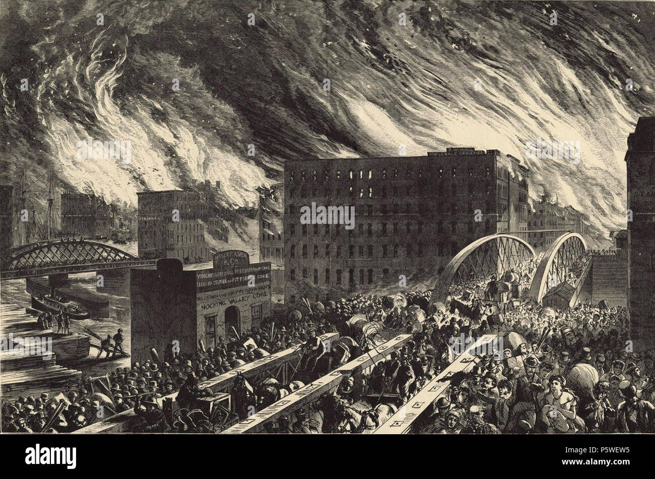 An artists rendering of the great chicago fire of 1871 hi-res stock ...