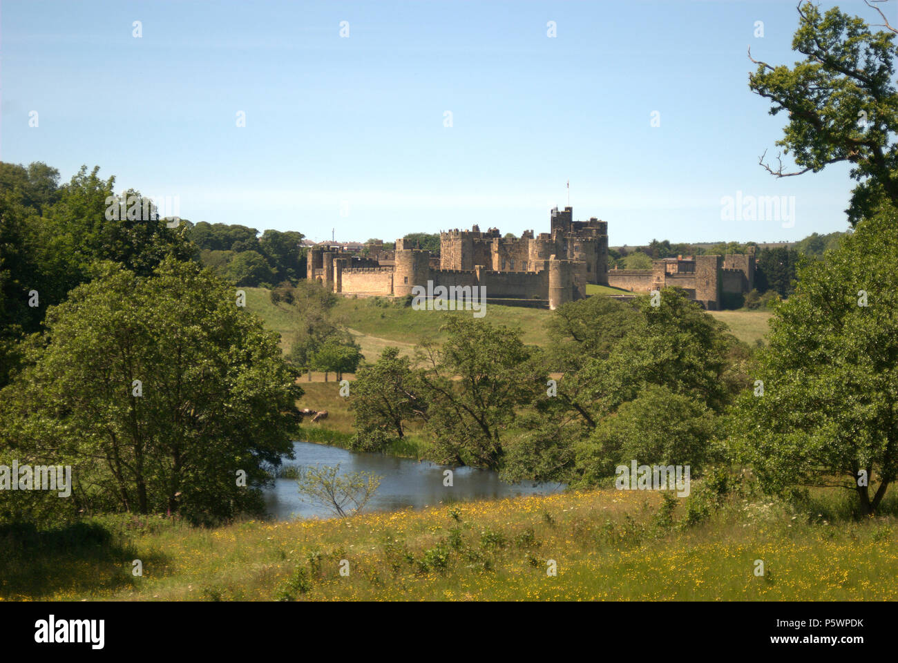 view of Alnwick castle and river Aln in Northumberland, England Stock ...