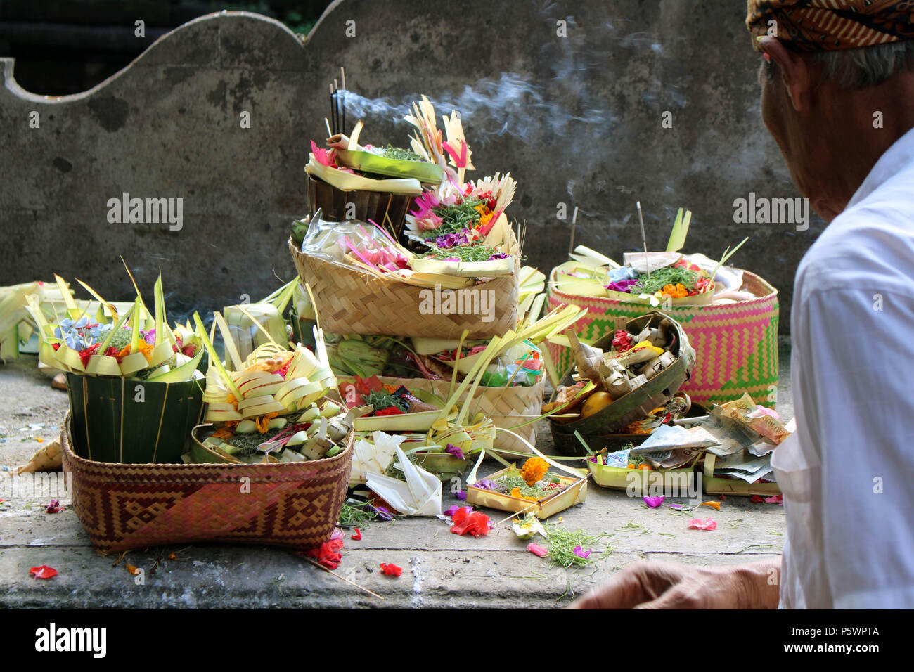 The Balinese daily offerings in Hindu ritual. Called "canang sari" in ...