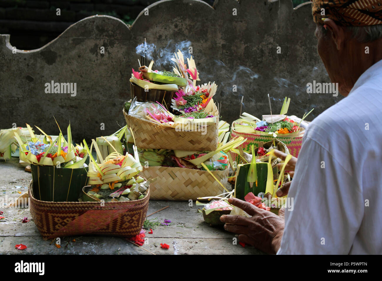 The Balinese daily offerings in Hindu ritual. Called "canang sari" in ...