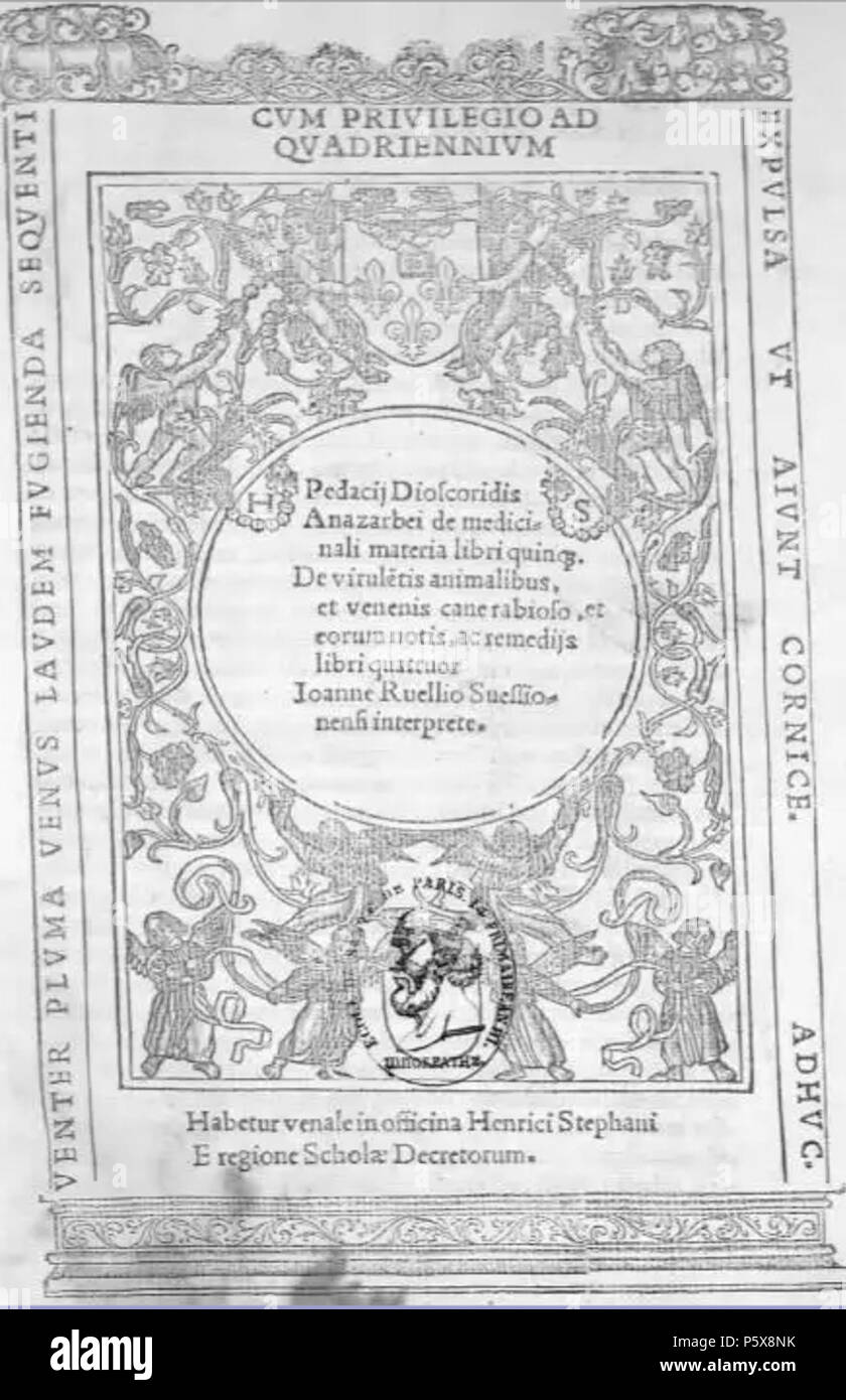 N/A. Dioscorides de materia medica translated by Ruellius, 1516, title ...