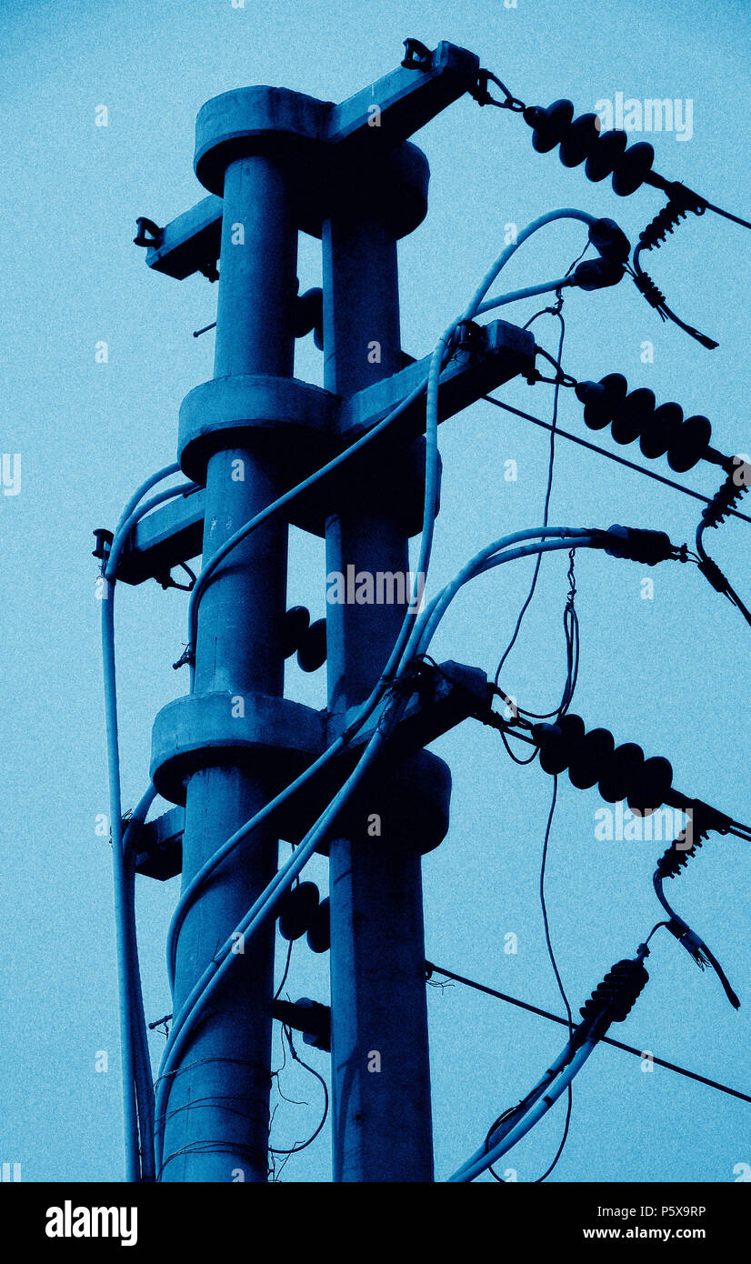 an image of a metal tower of Power Lines Stock Photo - Alamy