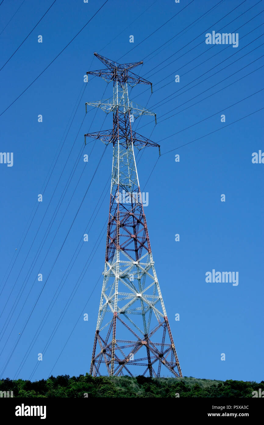 an image of a metal tower of Power Lines Stock Photo - Alamy