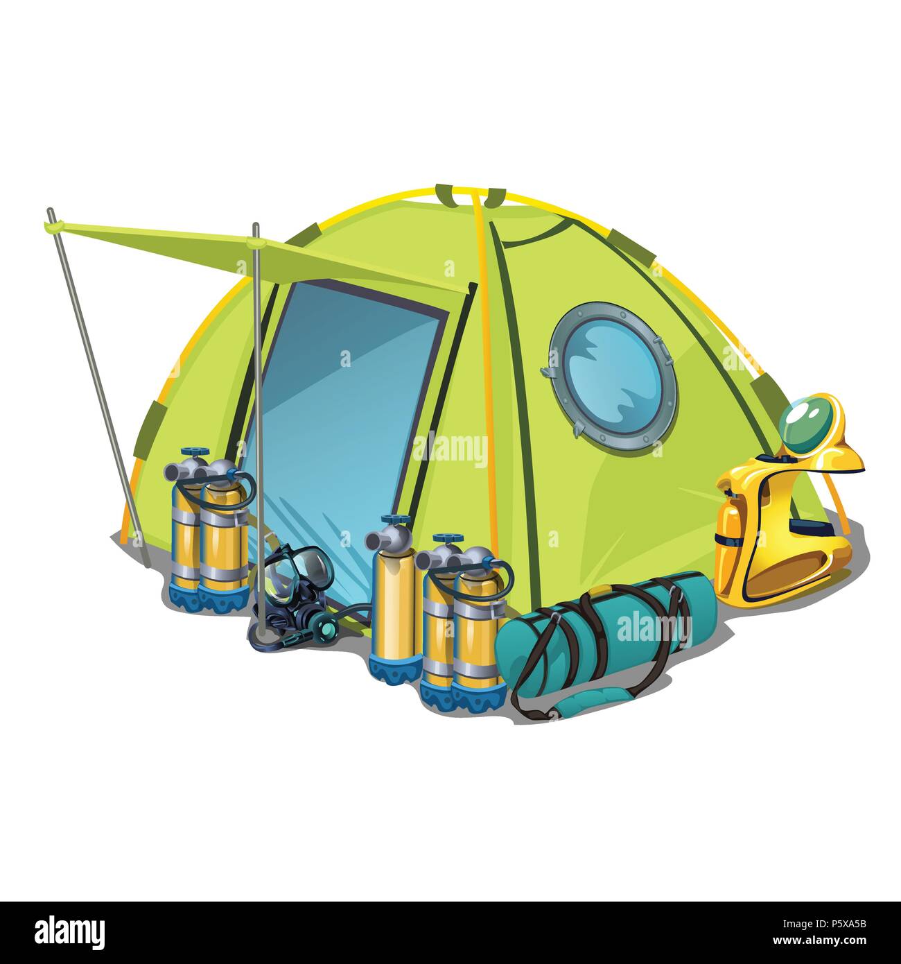 Yellow tent with equipment for diving isolated on white background ...