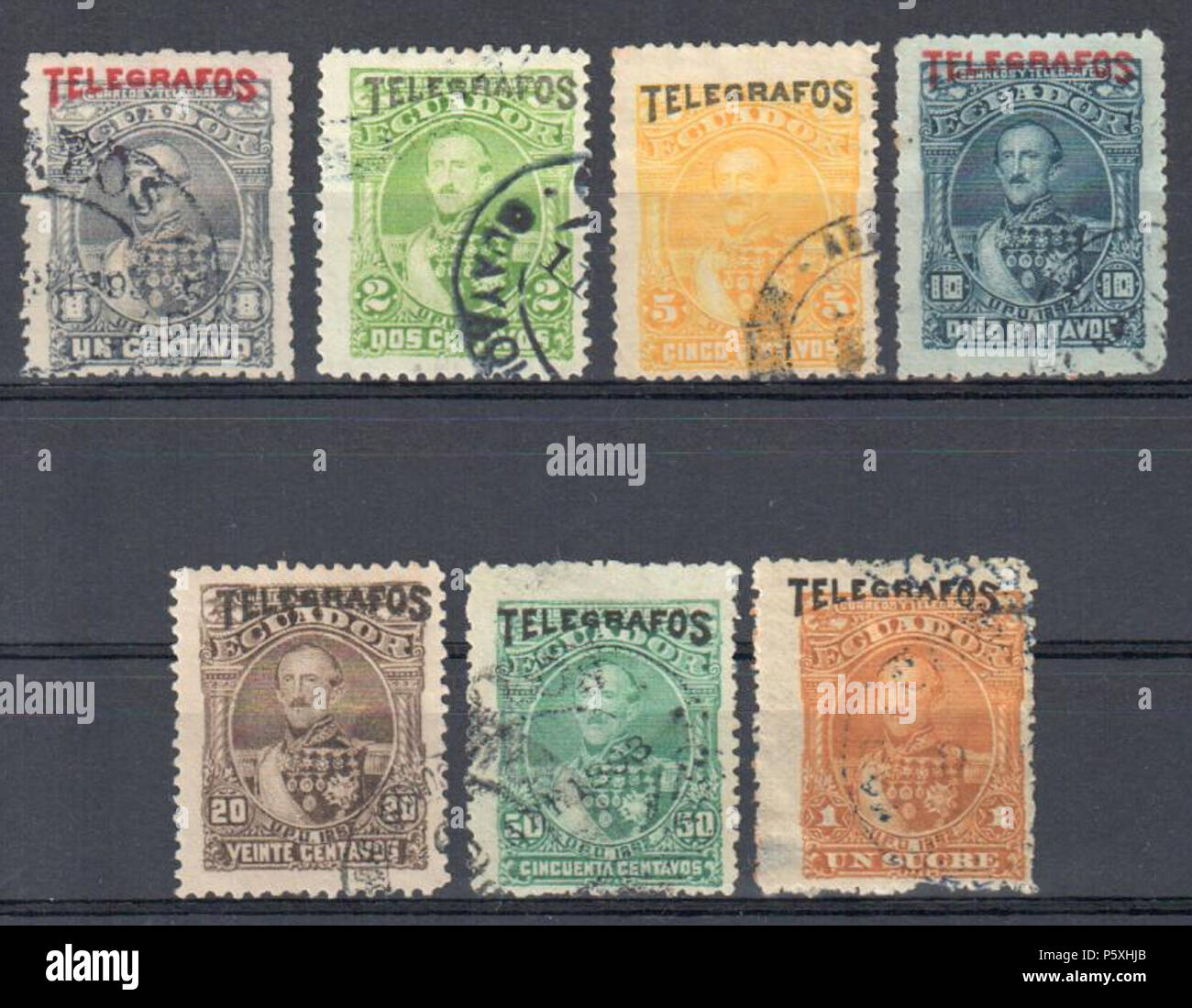 N/A. English: Ecuador 1892 used telegraph stamp set. Yvert T1-7 ...