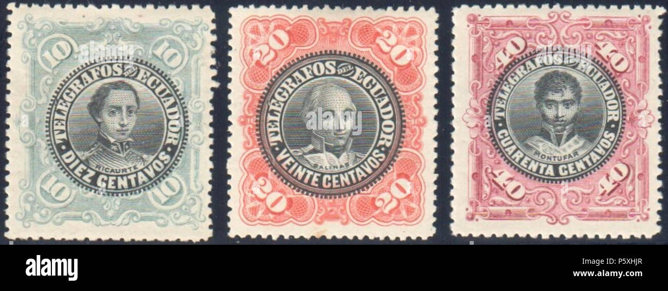 N/A. English: Ecuador 1900 mint telegraph stamp set. Yvert T23-25 ...