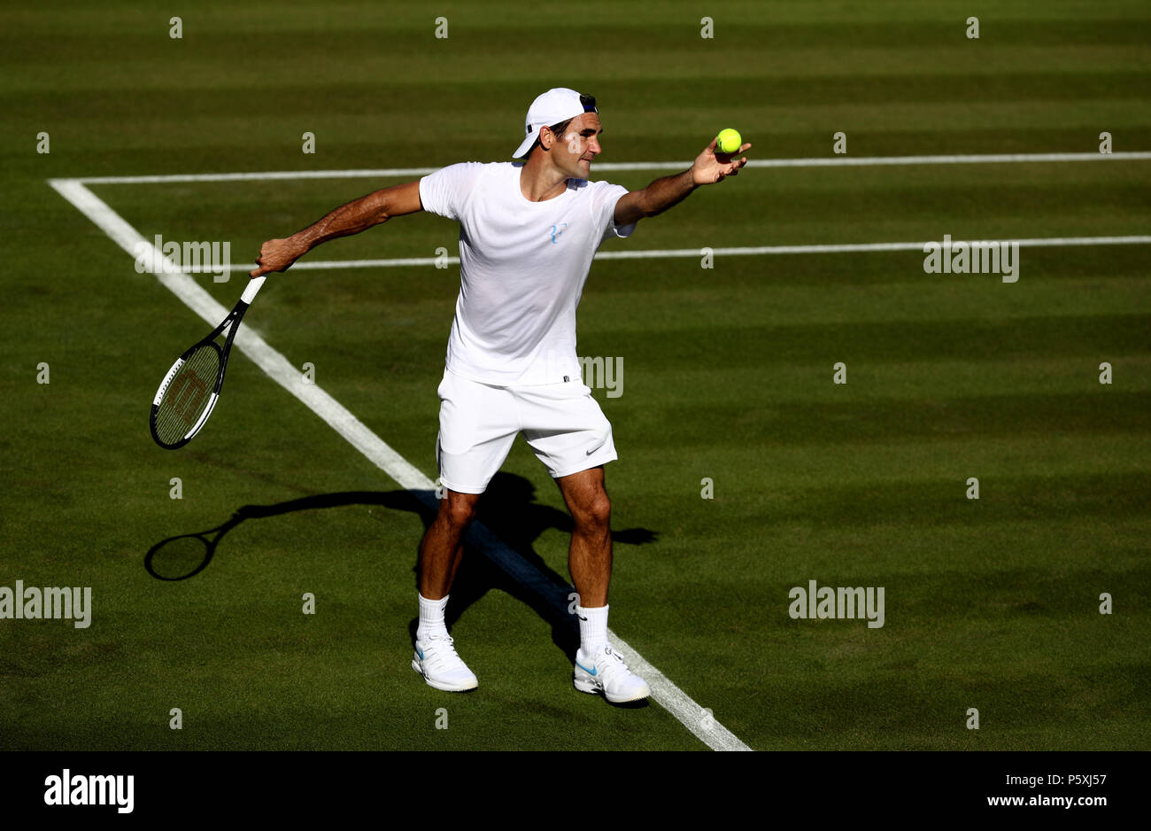 Roger Federer during practice ahead of the Wimbledon Championships at ...