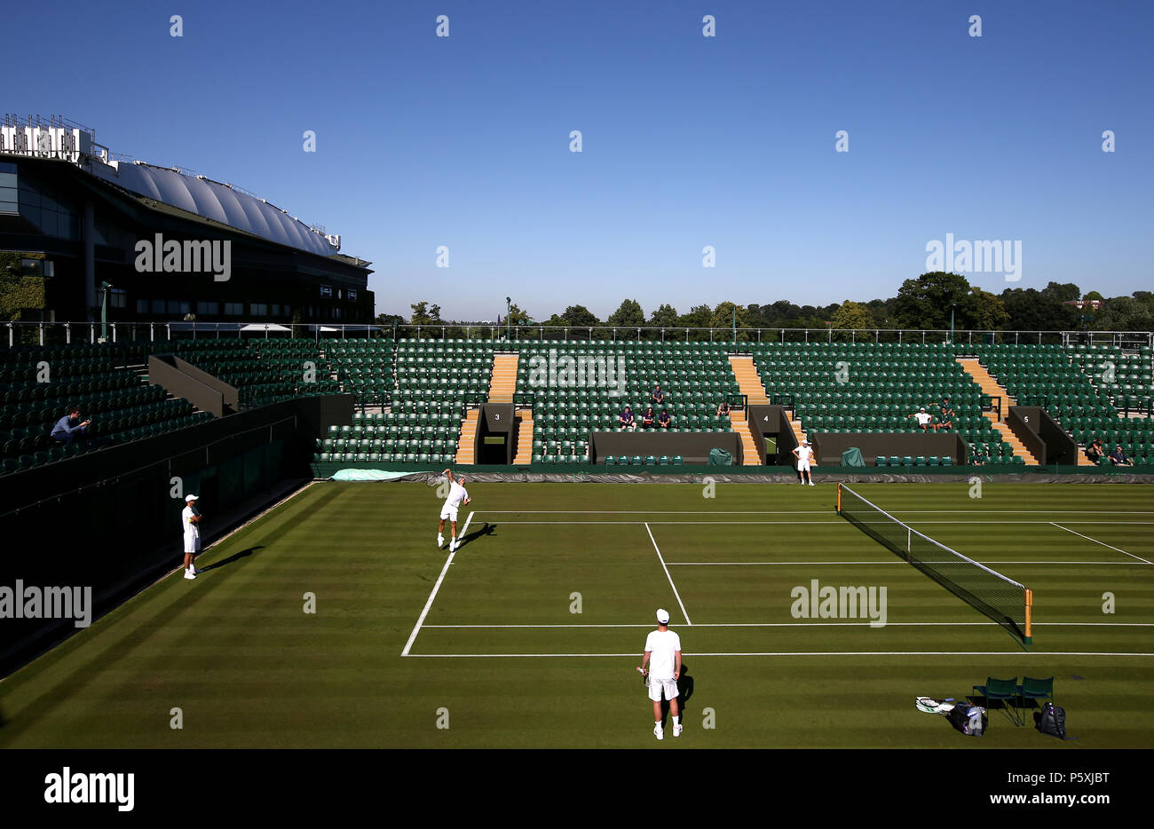Roger Federer during practice ahead of the Wimbledon Championships at ...