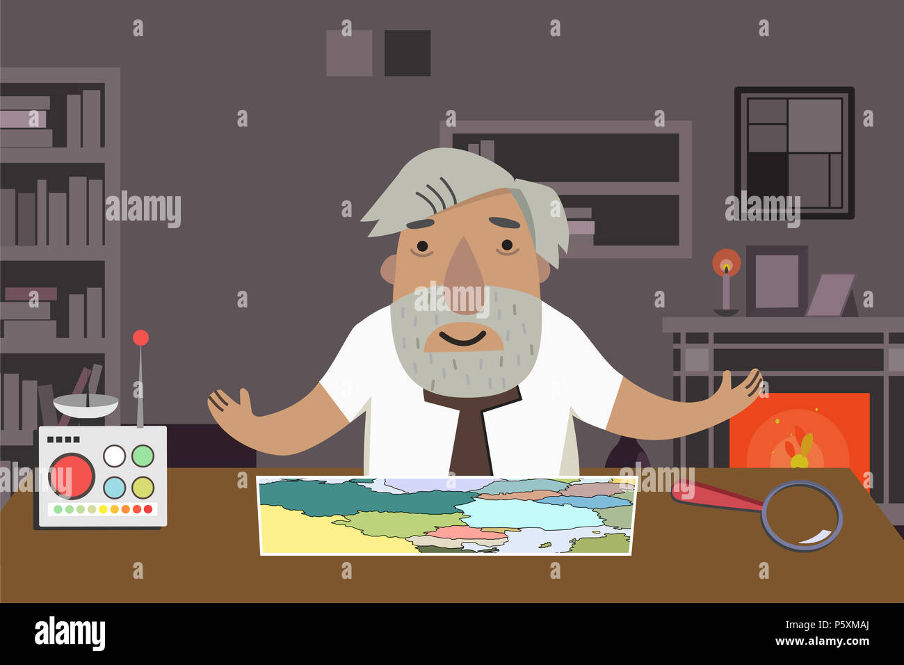 Professor-historian in the office. Time machine on the table. Animated ...