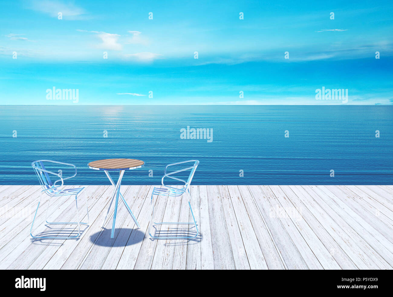 Outdoor terrace with table and chairs over sea Stock Photo - Alamy