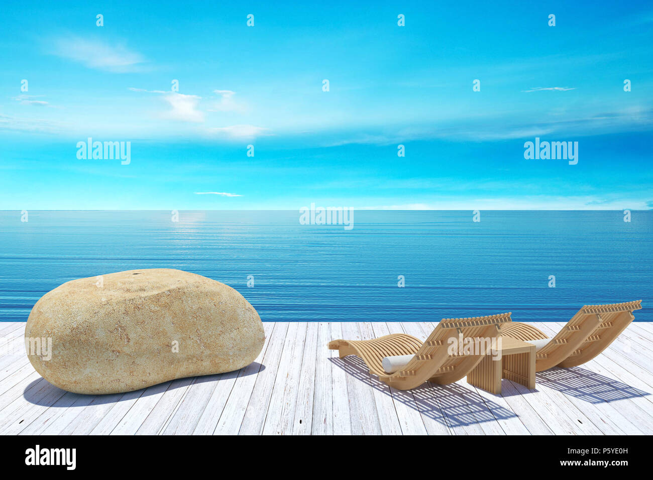 Beach lounge, sundeck over blue sea and sky, summer beach holiday ...