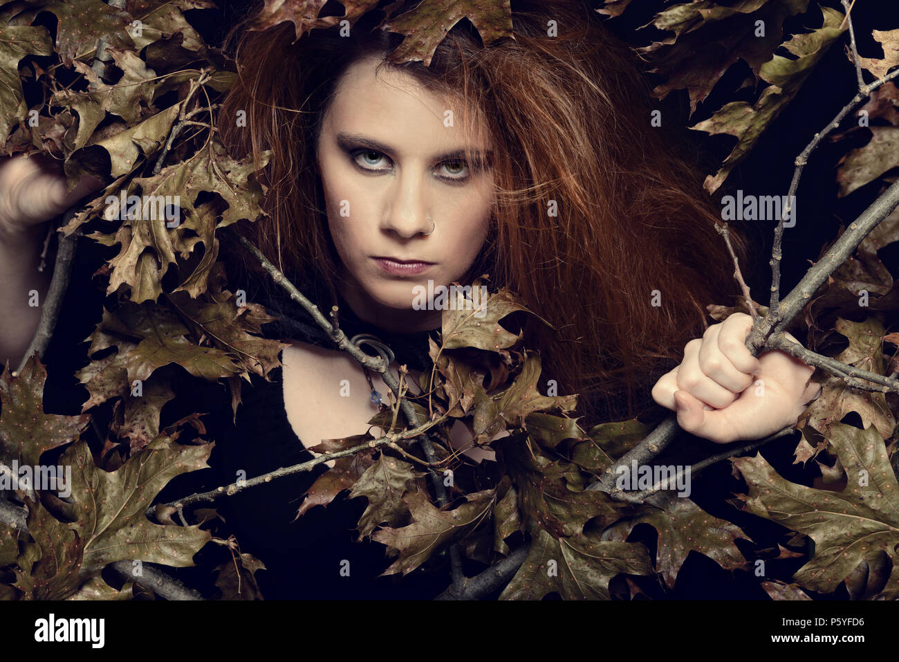 evil woman looking through tree branches Stock Photo - Alamy