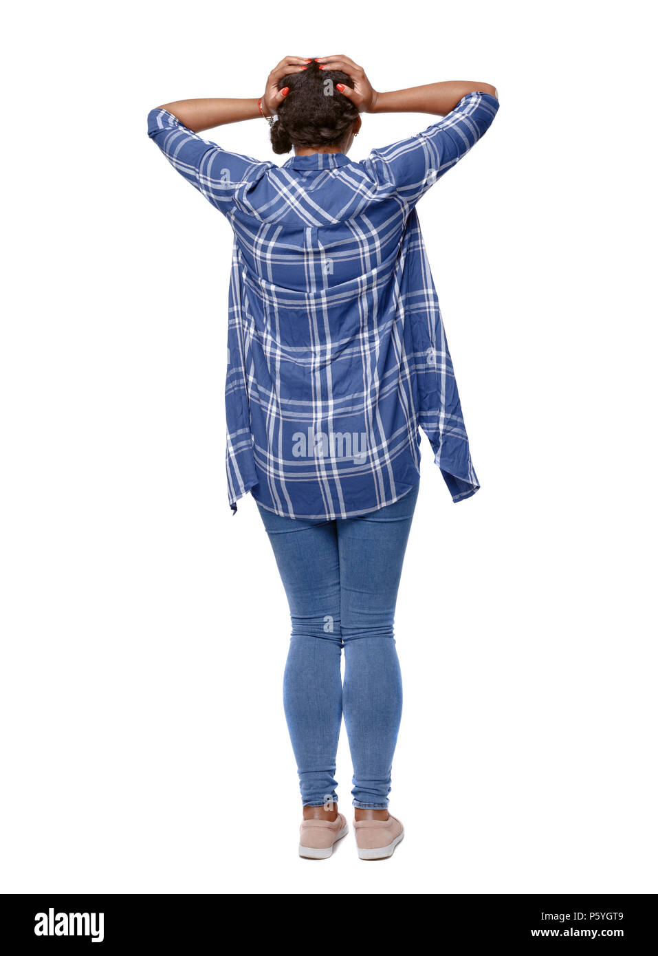 Back view of shocked black woman in blue shirt. girl hid his eyes ...