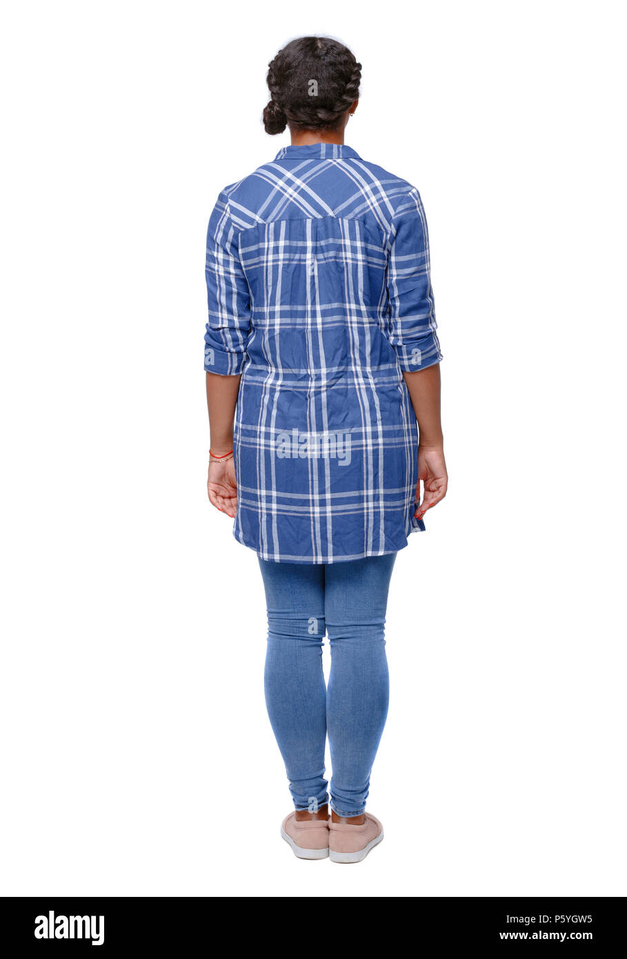 Back view of an African-American woman in a shirt. girl watching. Rear ...