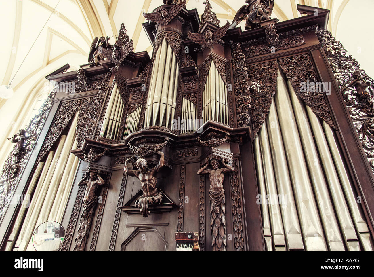 Famous pipe organ in Church of St. James, Brno, Moravia, Czech republic ...
