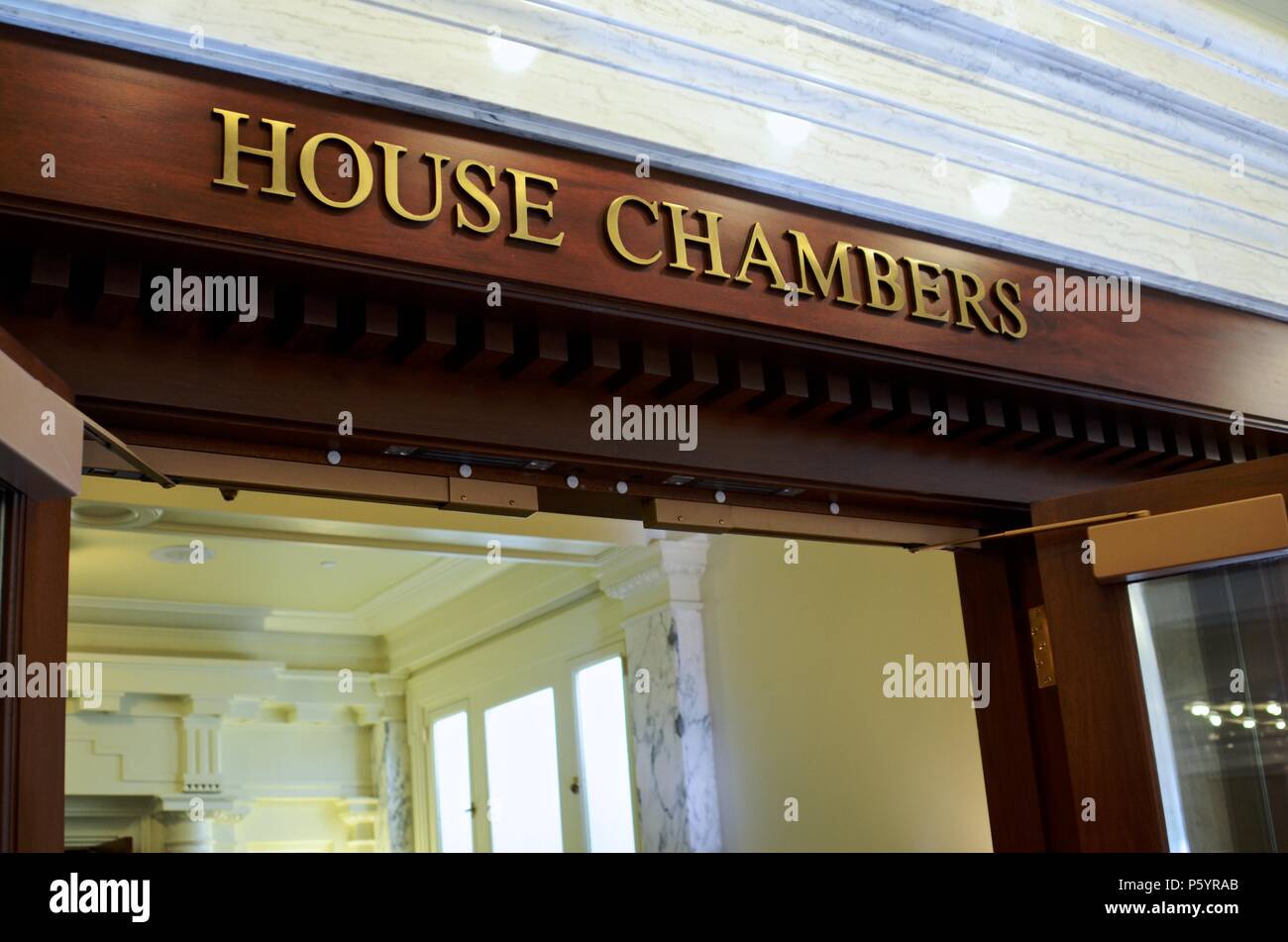 Signage above the House Chambers entrance in the Idaho State Capitol ...