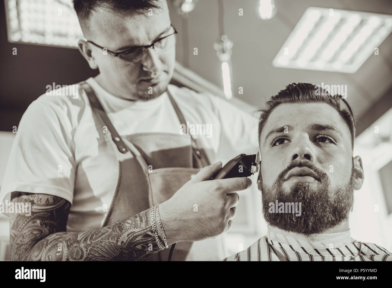 Man during trimming a beard in a barbershop in black & white ...