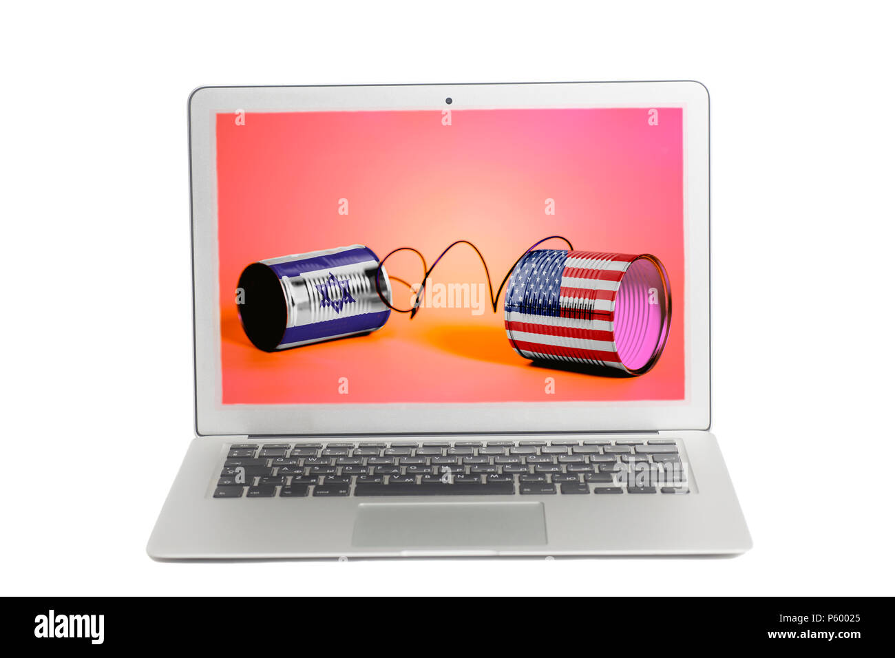 tin can phone with USA and Israel flags on screen laptop. communication ...