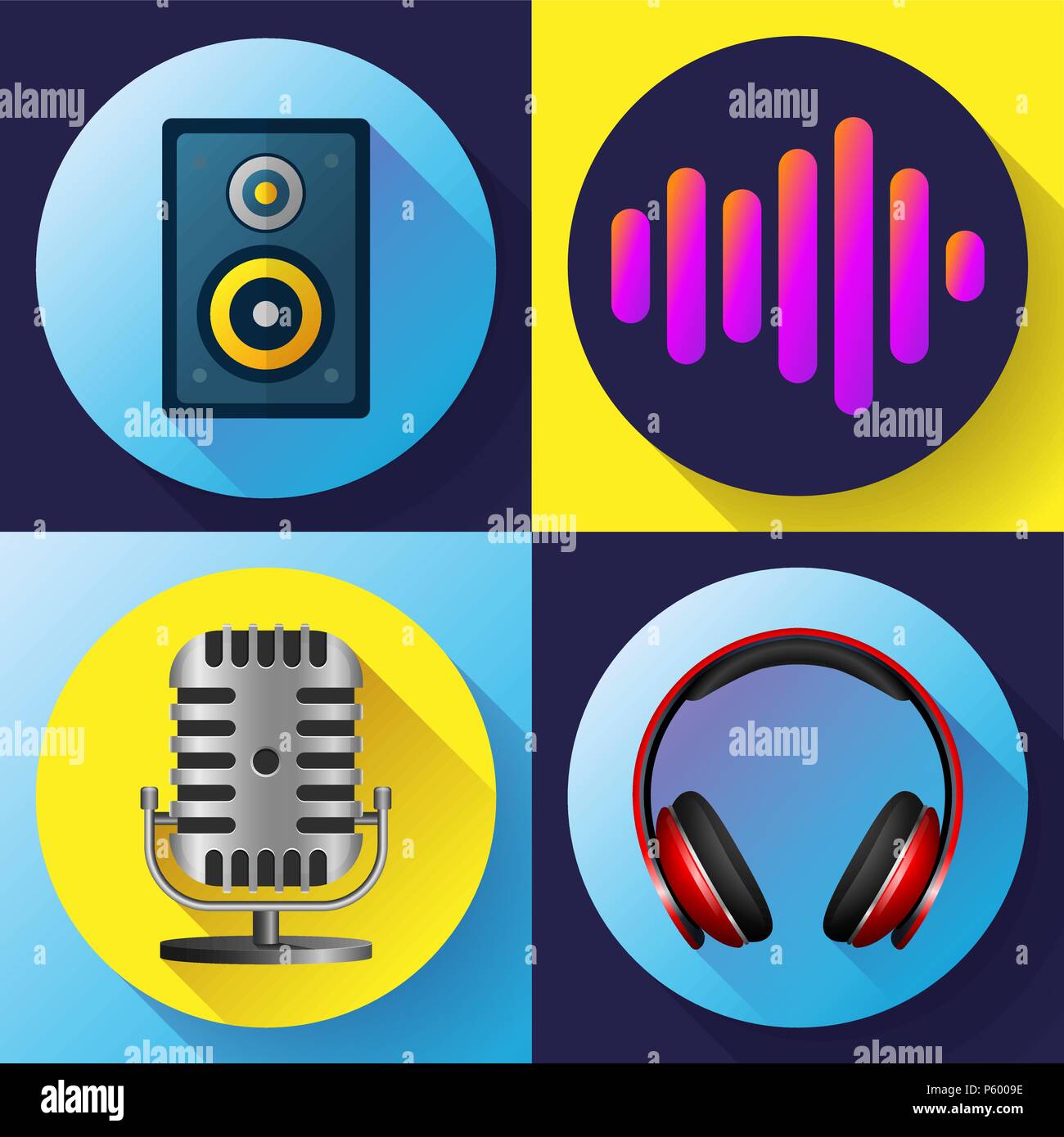 Musical icons set flat style - old microphone headphones acoustics and ...