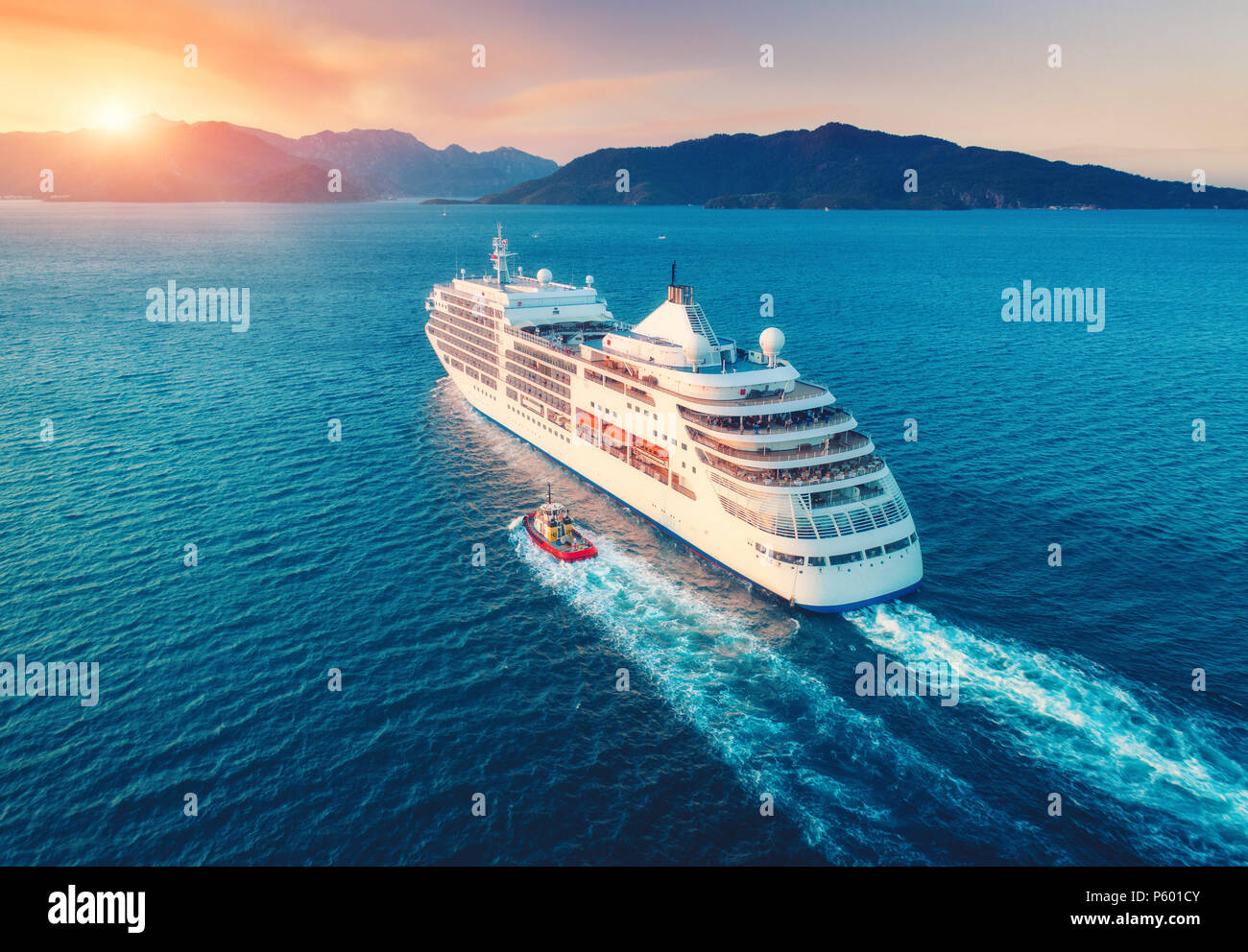Cruise ship at harbor. Aerial view of beautiful large white ship at ...