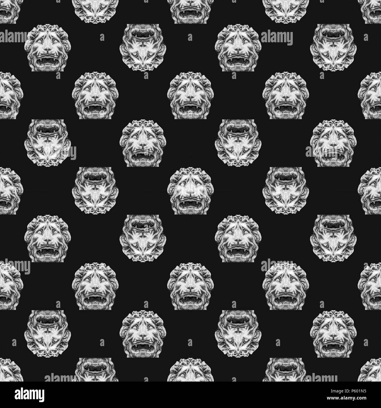 Conversational seamless pattern design with stone lion medallon collage ...